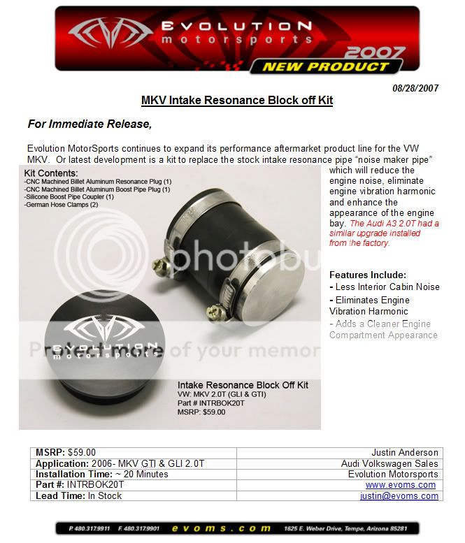 EVOMS Intake Resonance Block Off Kit Finally Here !!! | VW Vortex ...